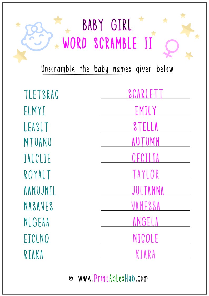 Free Printable Baby Girl Word Scramble PDF With Answers Key Included Free Printable Baby Girl Word Scramble PDF With Answers Key Included