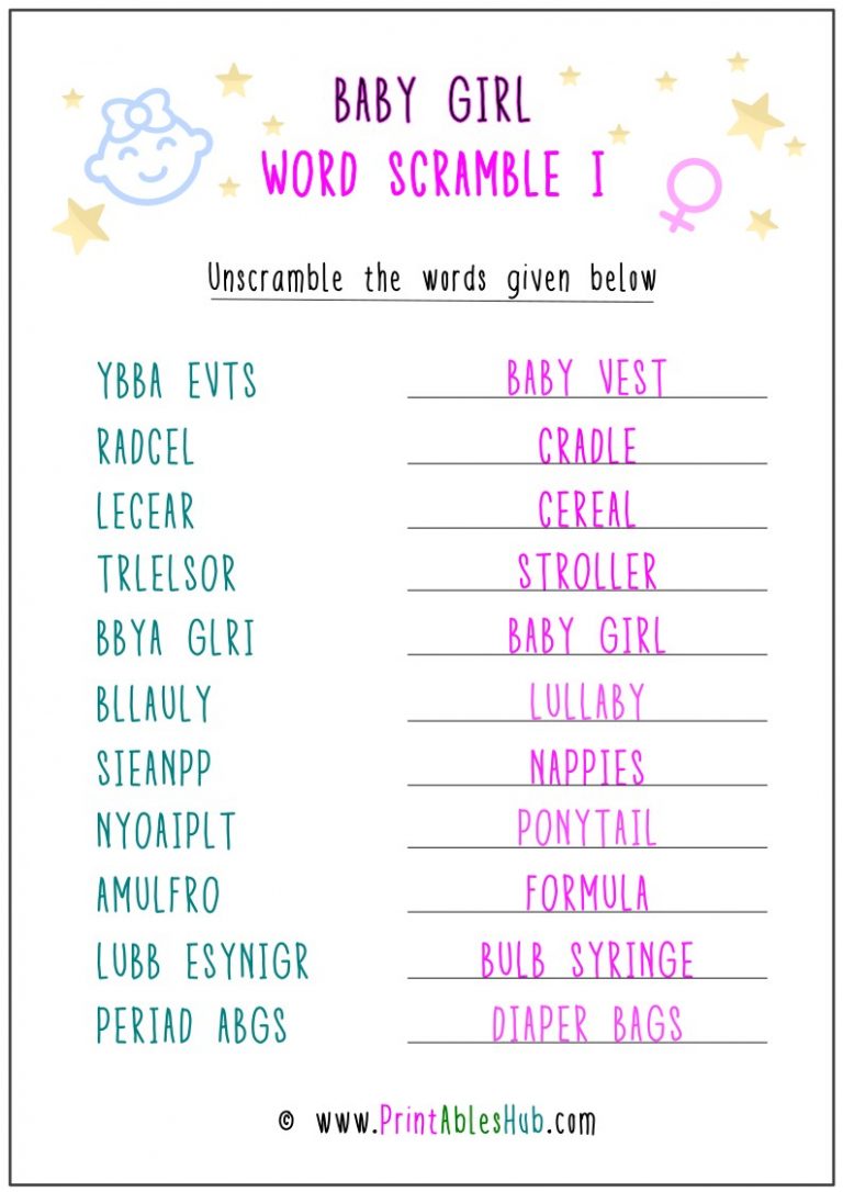 Free Printable Baby Girl Word Scramble [PDF] With Answers Key Included ...