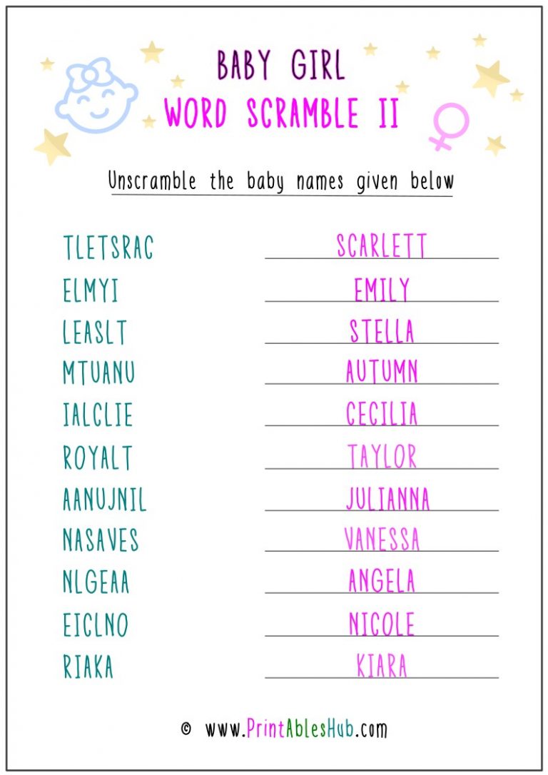 Free Printable Baby Girl Word Scramble [PDF] With Answers Key Included ...