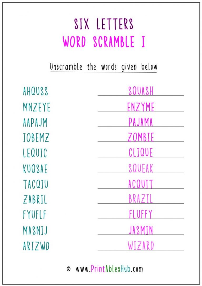 Free Printable 6 Letter Word Scramble With Answer Key [PDF ...