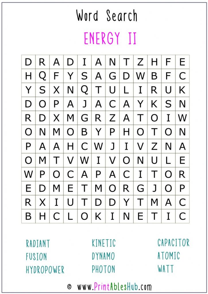 Free Printable Energy Word Search Puzzles With Answer Key [PDF ...