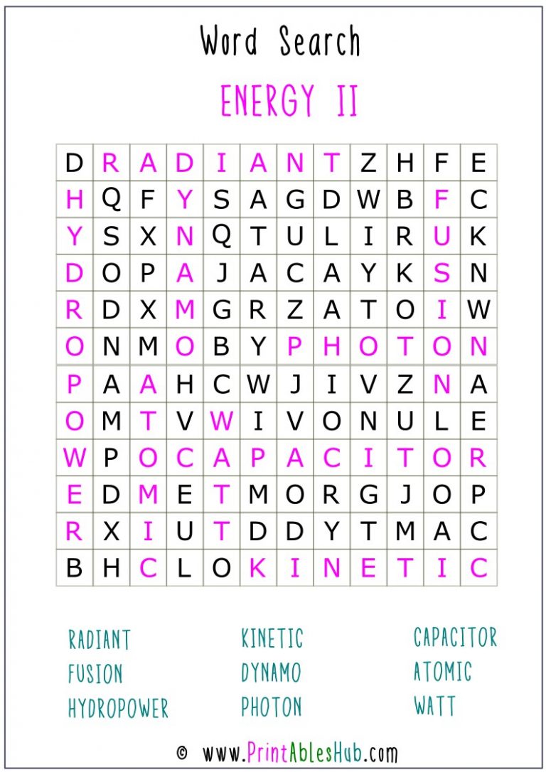 Free Printable Energy Word Search Puzzles With Answer Key [PDF ...