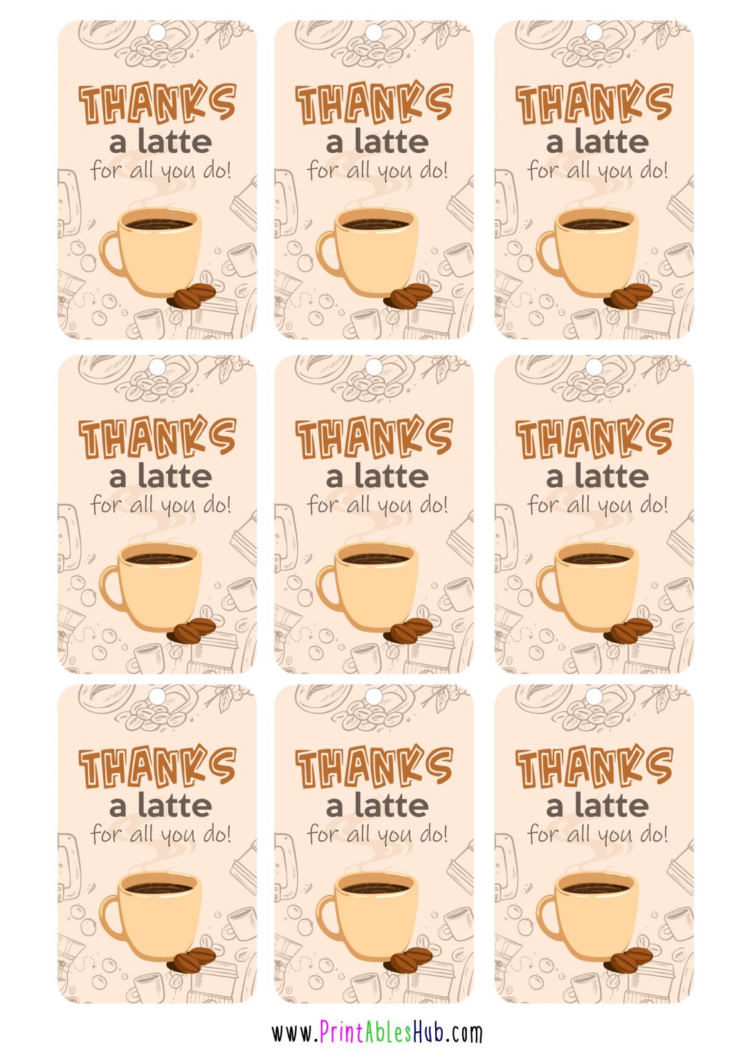 Free Printable Thanks A Latte Tags/Cards [PDF] - Printables Hub