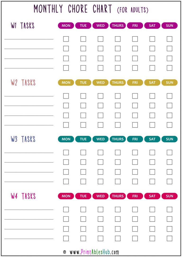 Free Printable Chore Charts For Adults [PDF] (Daily, Weekly & Monthly ...