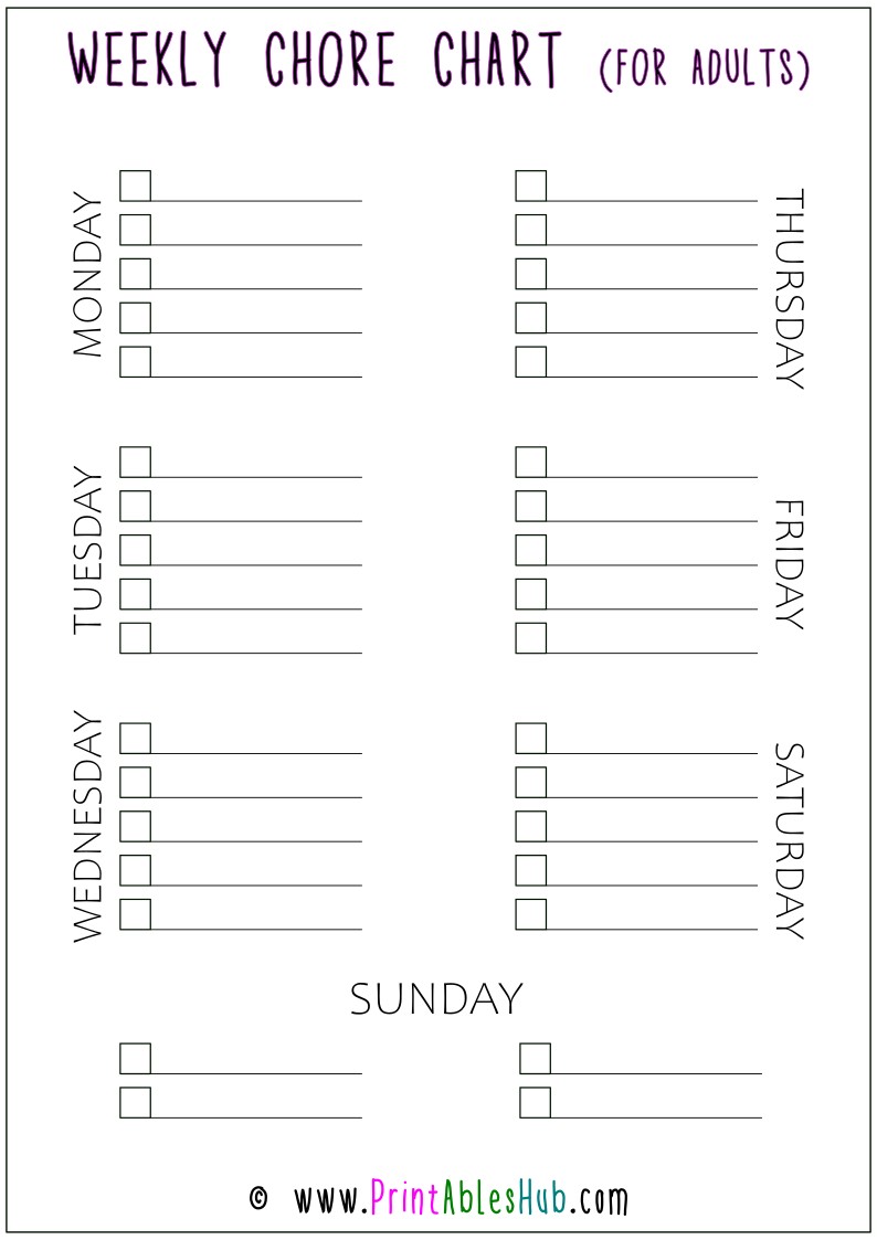 Free Printable Chore Charts For Adults [PDF] (Daily, Weekly & Monthly ...