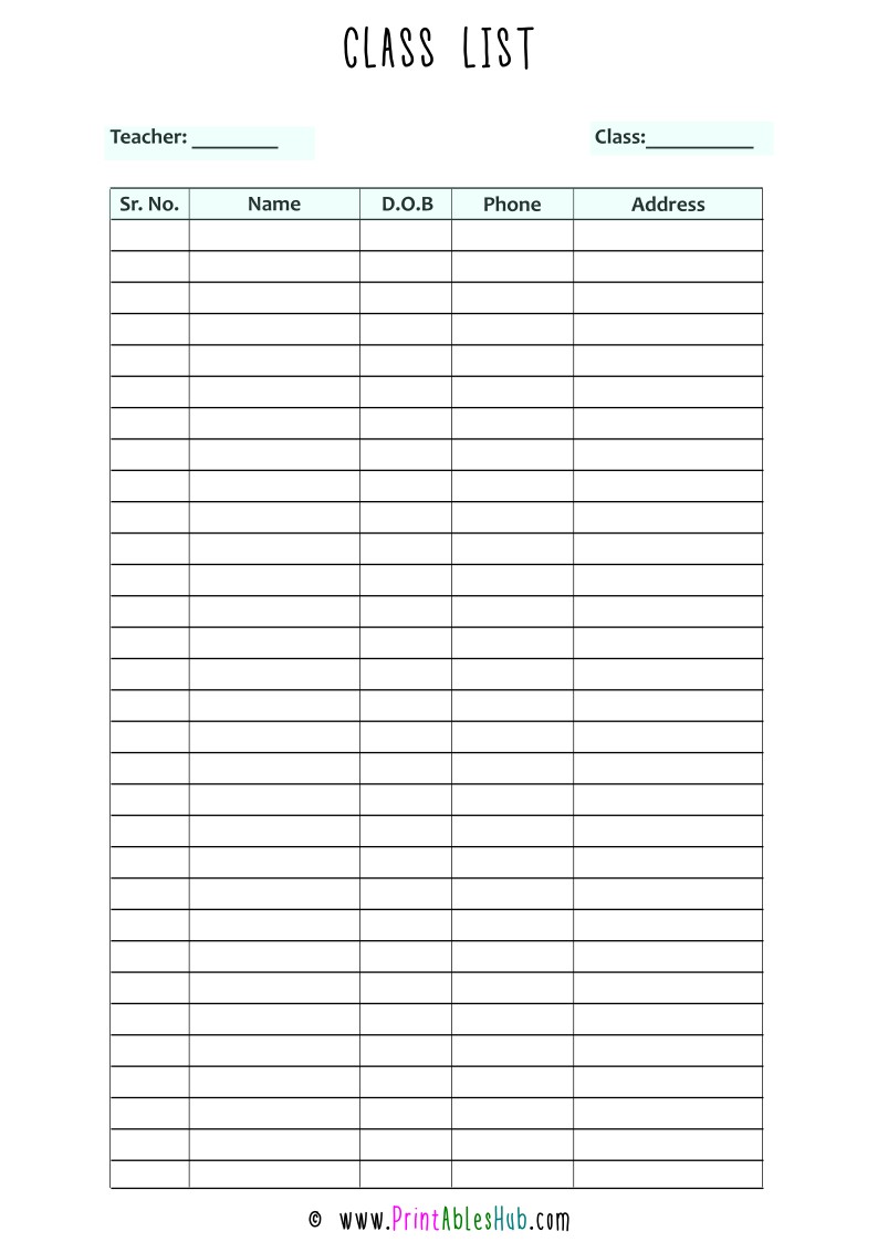 Free Printable Blank Class List Templates For Teachers [PDF ...