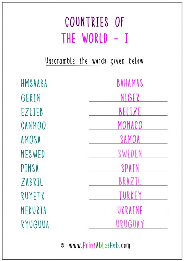 Free Printable Countries Of The World Word Scramble [PDF] - Printables Hub