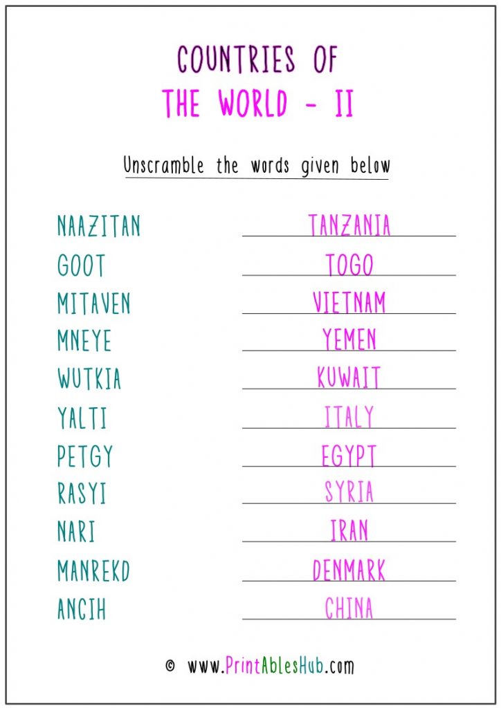 Free Printable Countries Of The World Word Scramble [PDF] - Printables Hub