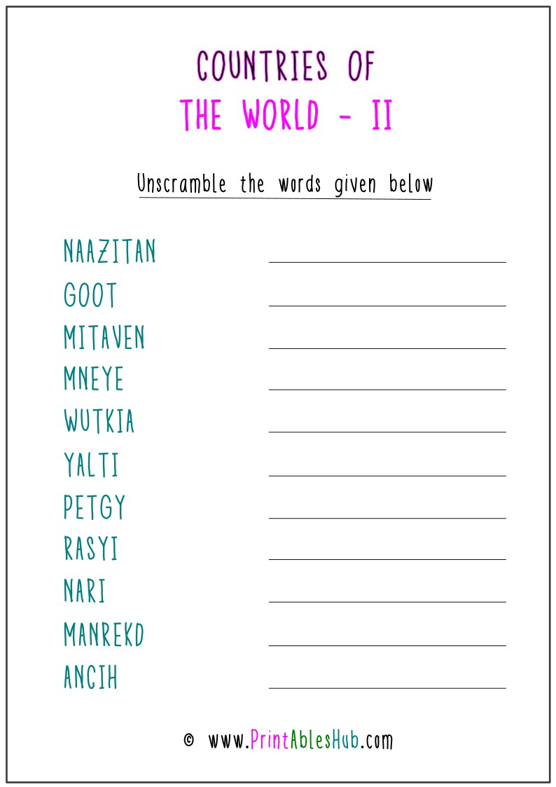 Free Printable Countries Of The World Word Scramble [PDF] - Printables Hub