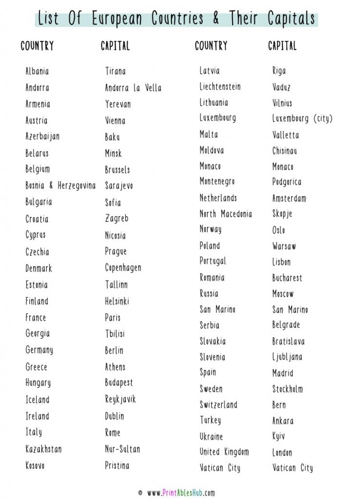 Free Printable List Of European Countries and Their Capitals [PDF ...