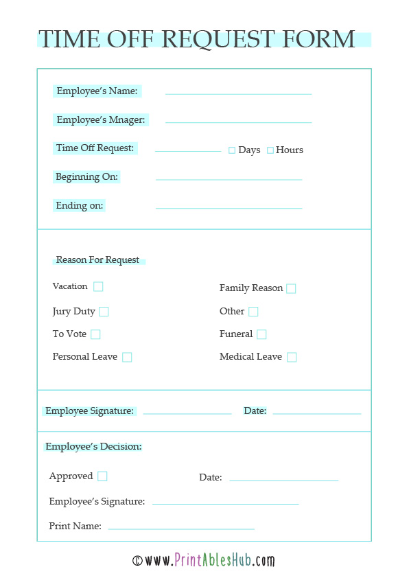 Free Printable Time Off Request Form [PDF] (+Employee Time Off Record ...