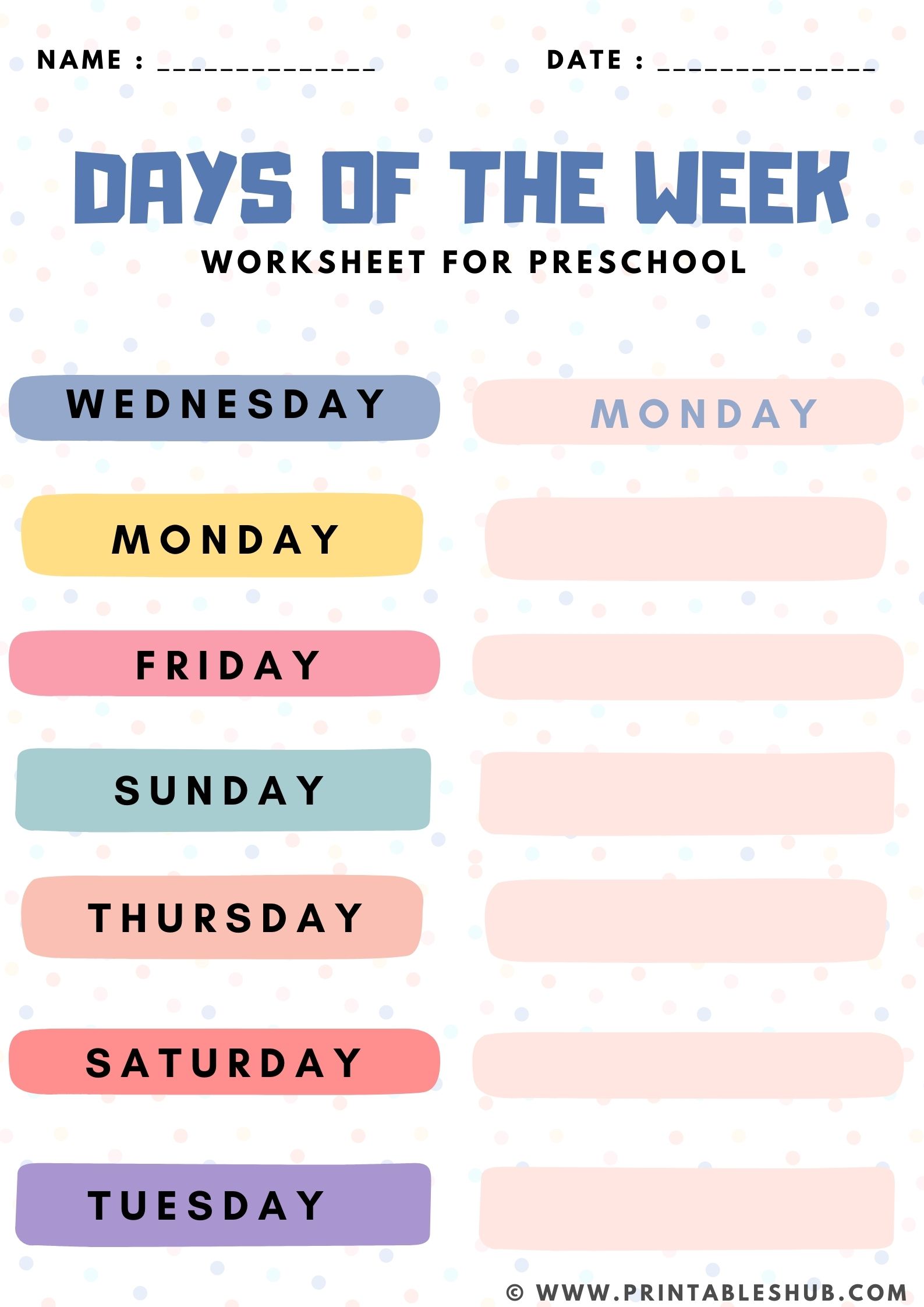 Free Printable Days Of The Week Worksheets For Preschool [PDF] With ...