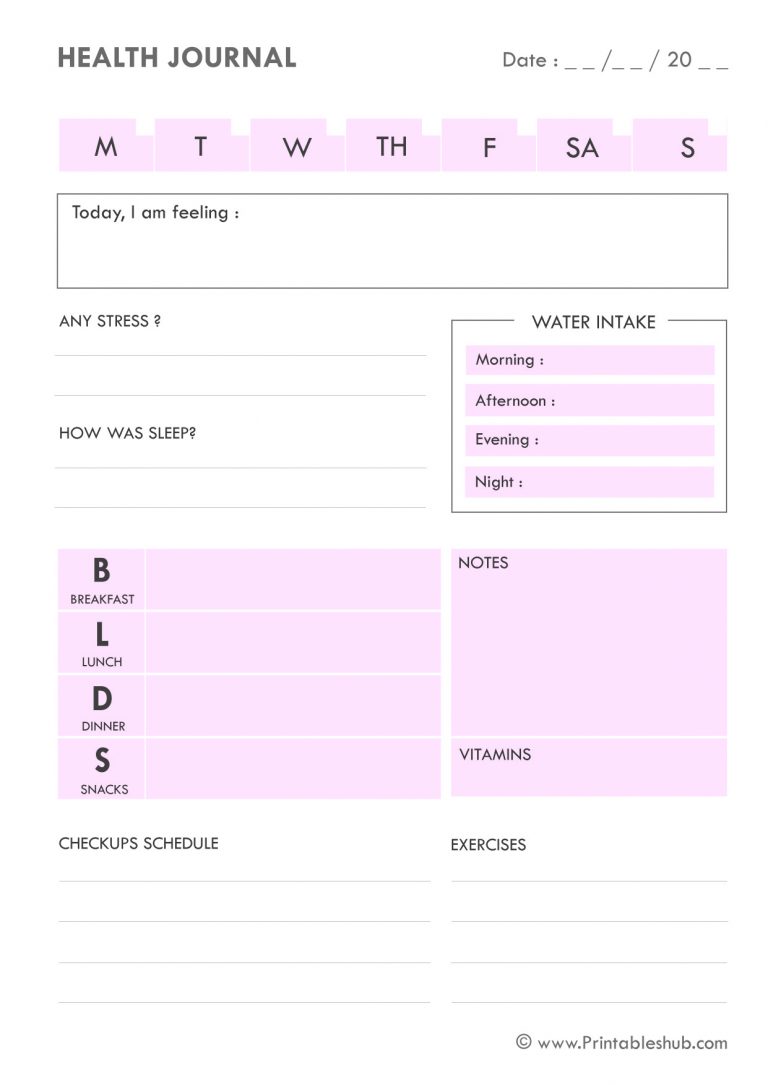 Free Printable Daily Health Journal Template [PDF] - Printables Hub
