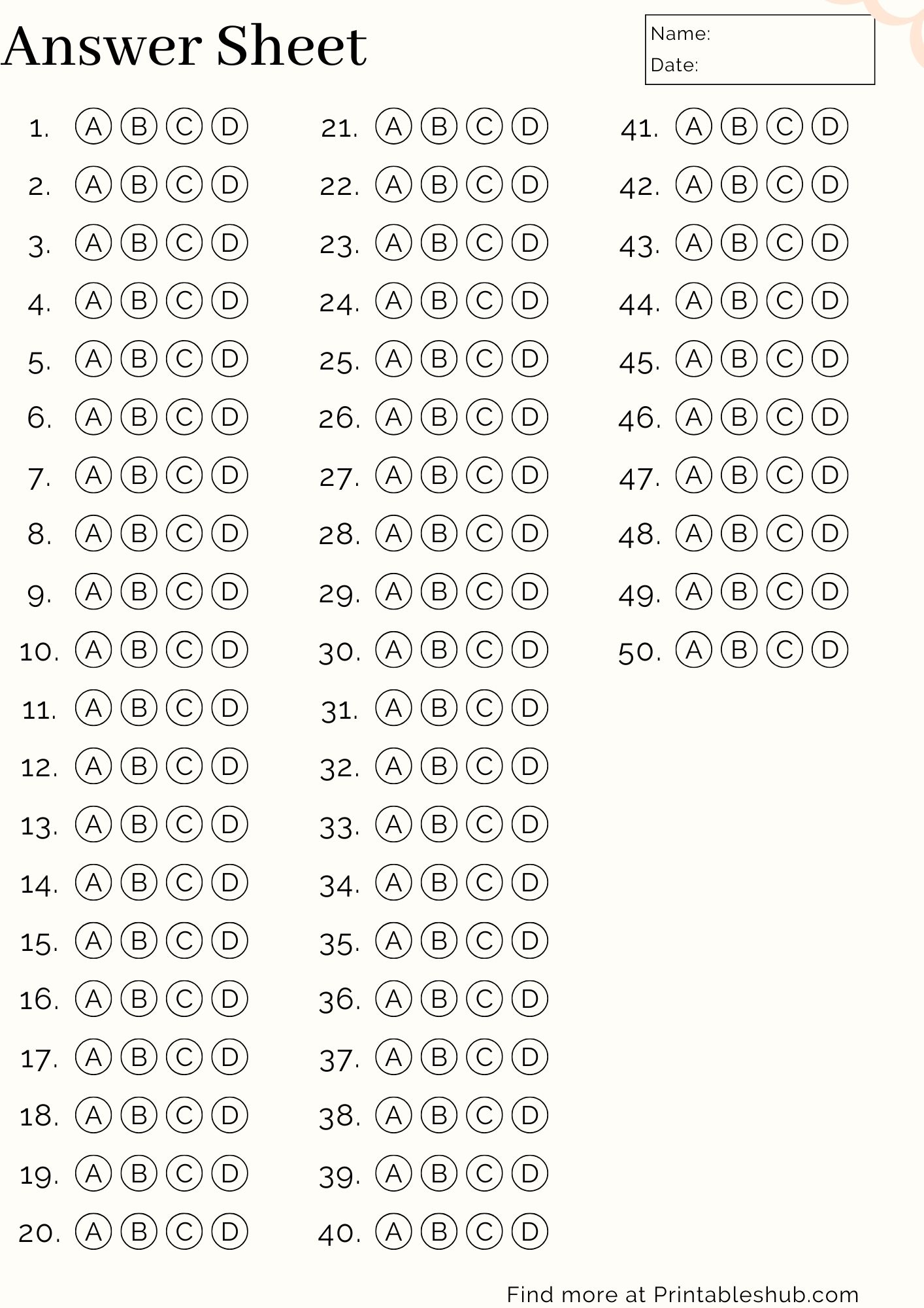 Free Printable Blank Answer Sheet Templates [1-10, 1-20, 1-30, 1-40, 1 ...