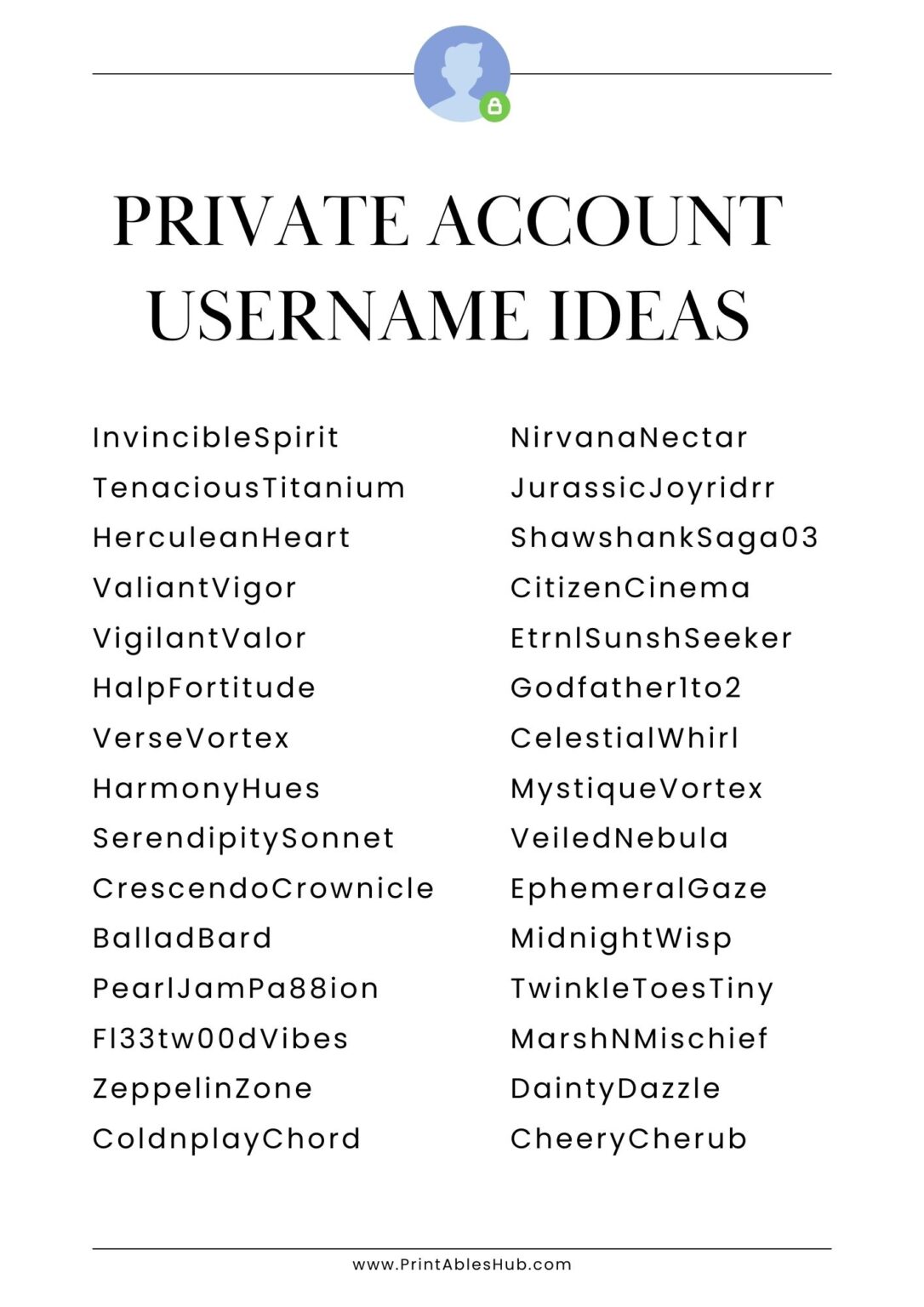 Printable Private Account Username Ideas List - Printables Hub