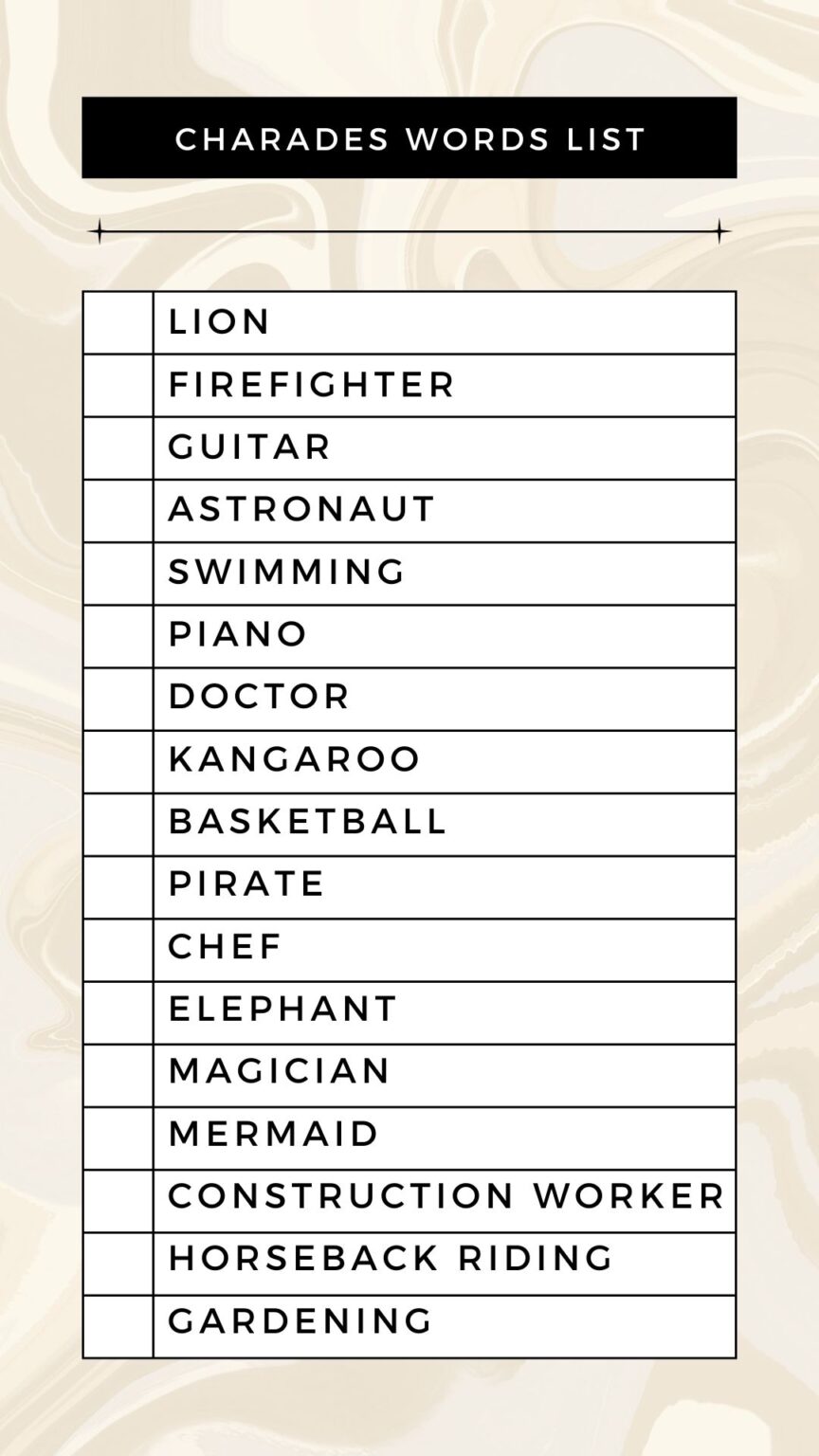 Free Printable Charades Word Lists for Kids & Adults [PDF] - Printables Hub