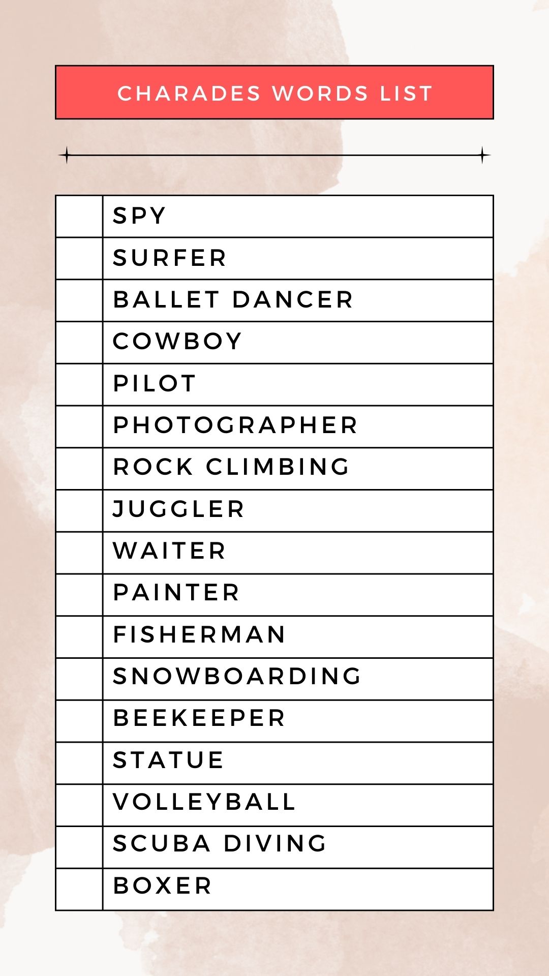 Free Printable Charades Word Lists for Kids & Adults [PDF] - Printables Hub