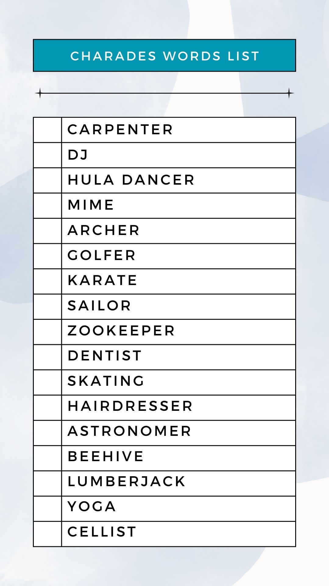 Free Printable Charades Word Lists for Kids & Adults [PDF] - Printables Hub