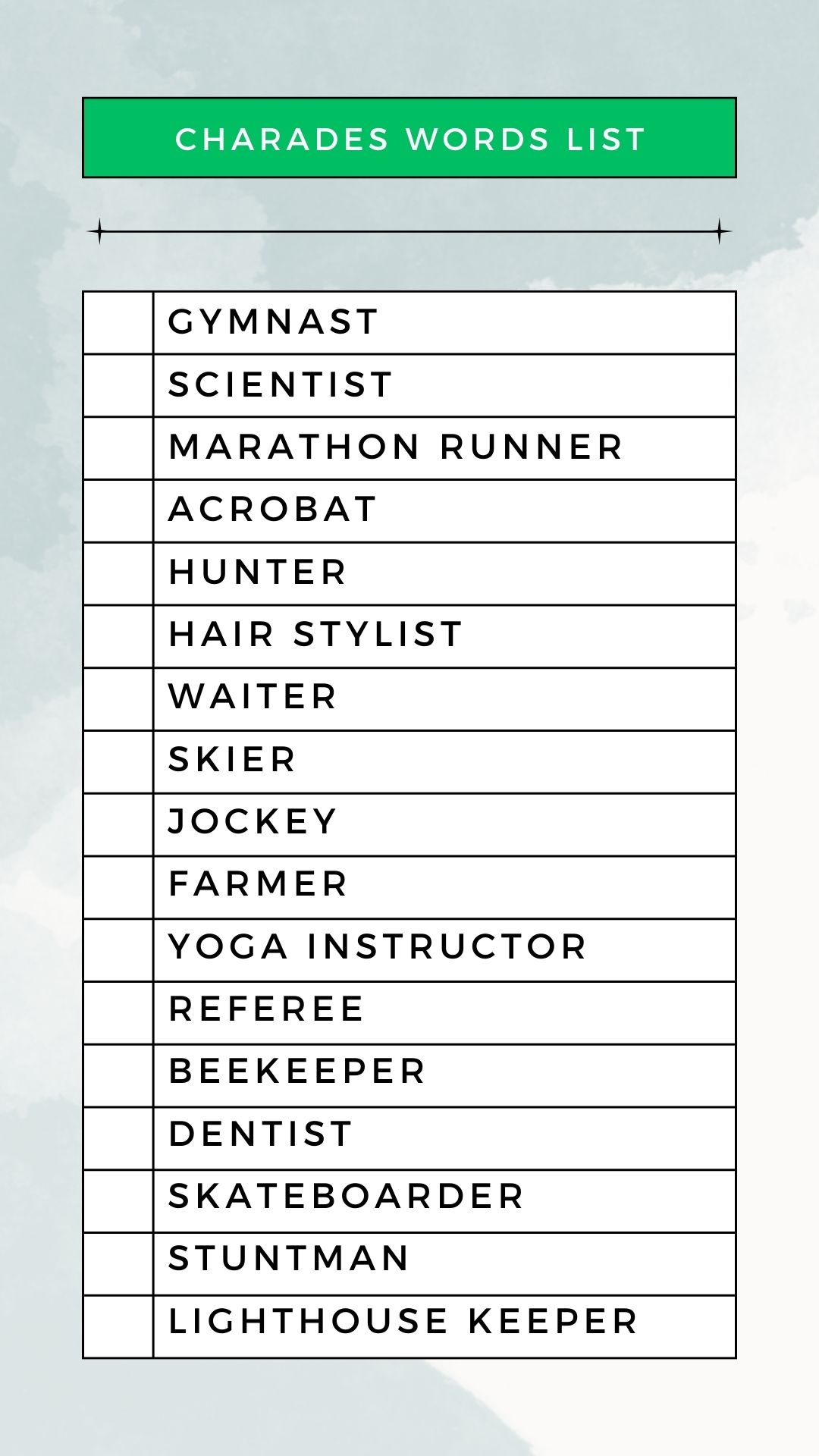 Free Printable Charades Word Lists for Kids & Adults [PDF] - Printables Hub