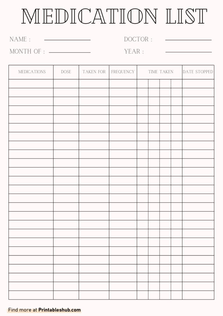 Free Printable Medication List Templates [PDF Included] - Printables Hub