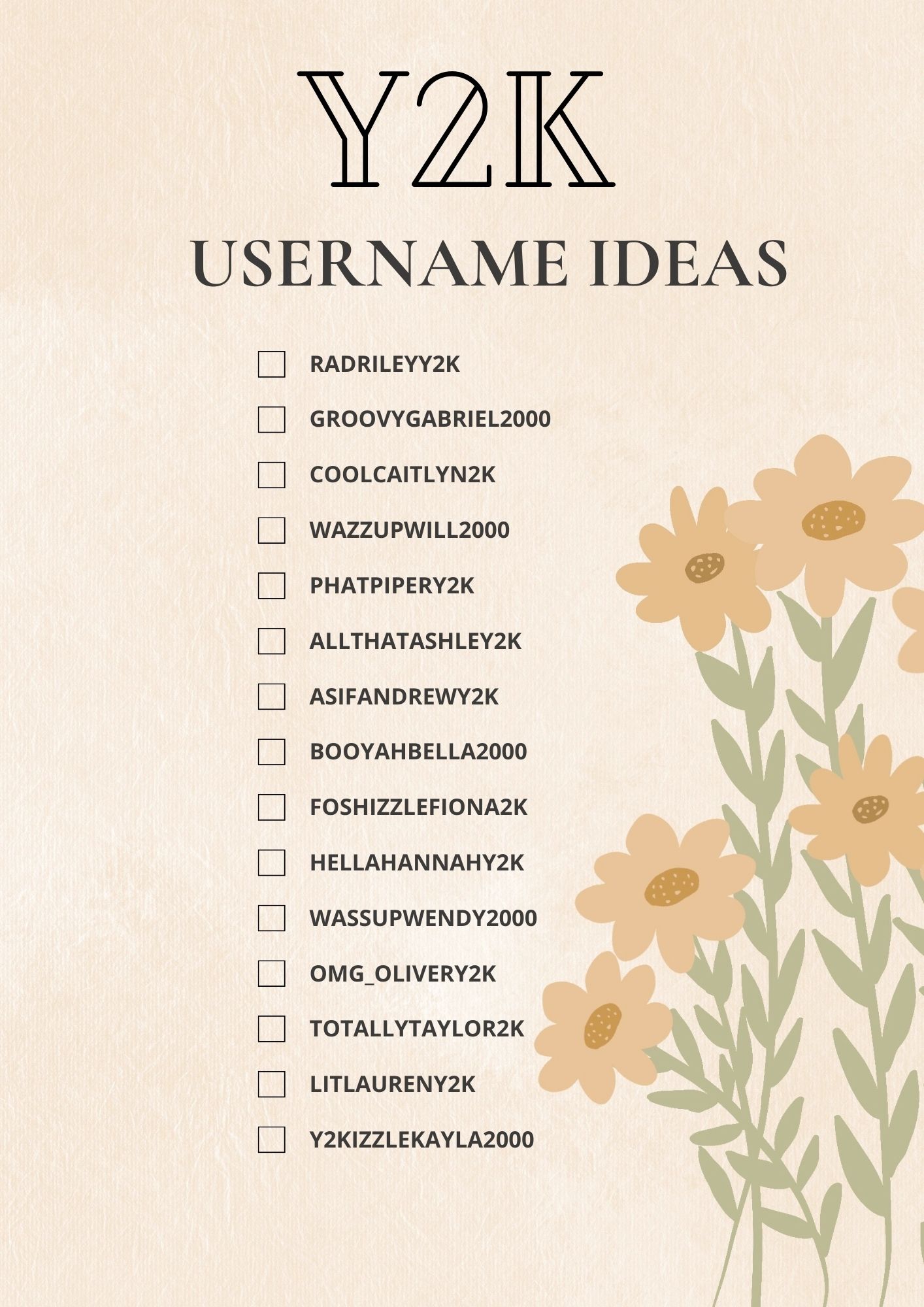 Printable List of Y2K Username Ideas - Printables Hub