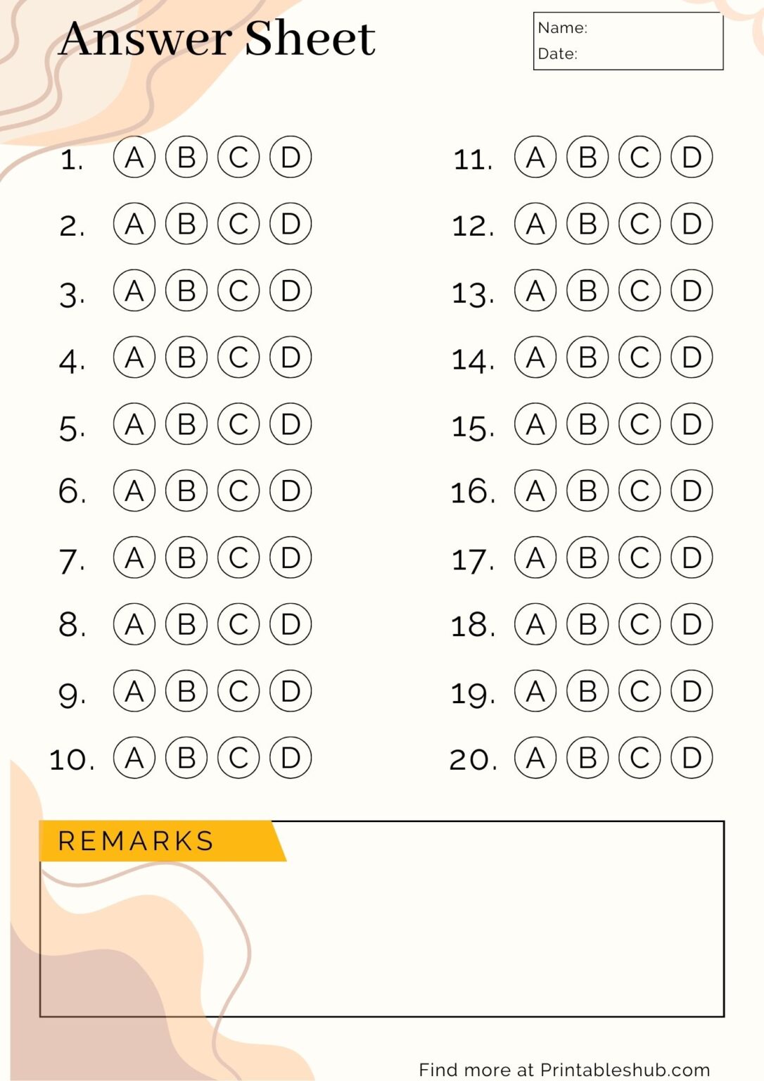 Free Printable Blank Answer Sheet Templates [1-10, 1-20, 1-30, 1-40, 1 ...