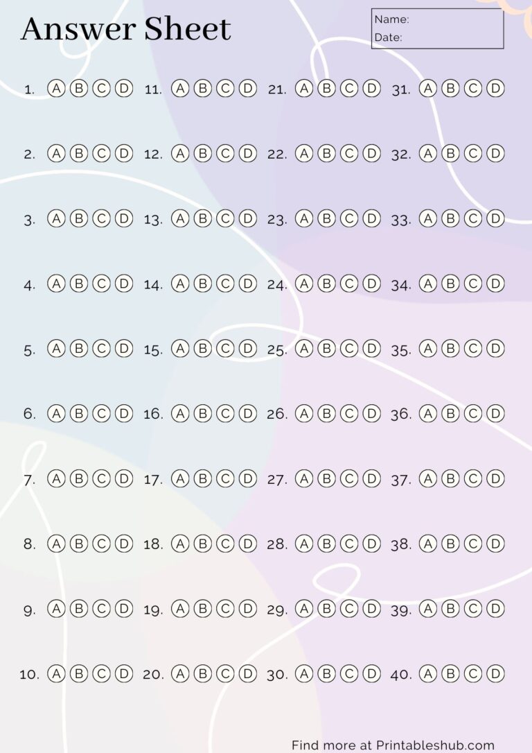 Free Printable Blank Answer Sheet Templates [1-10, 1-20, 1-30, 1-40, 1 ...
