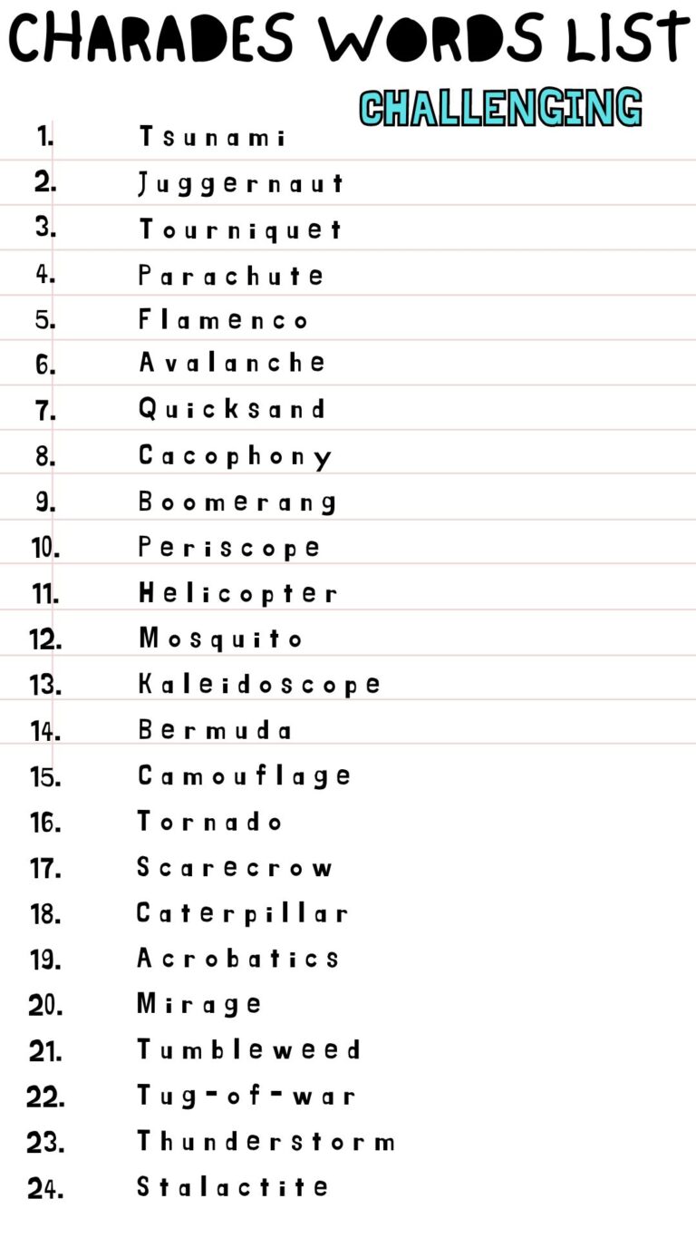 Free Printable Charades Word Lists for Kids & Adults [PDF] - Printables Hub