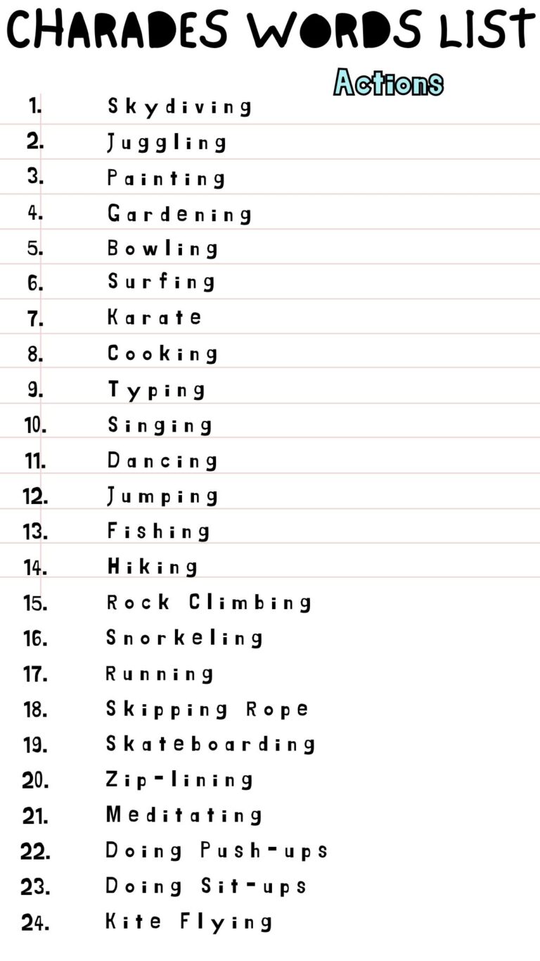 Free Printable Charades Word Lists for Kids & Adults [PDF] - Printables Hub