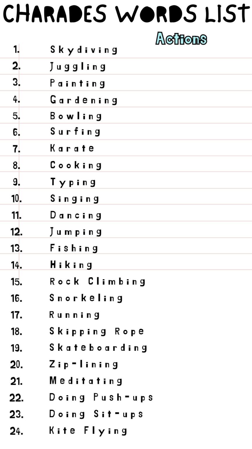 Free Printable Charades Word Lists for Kids & Adults [PDF] - Printables Hub