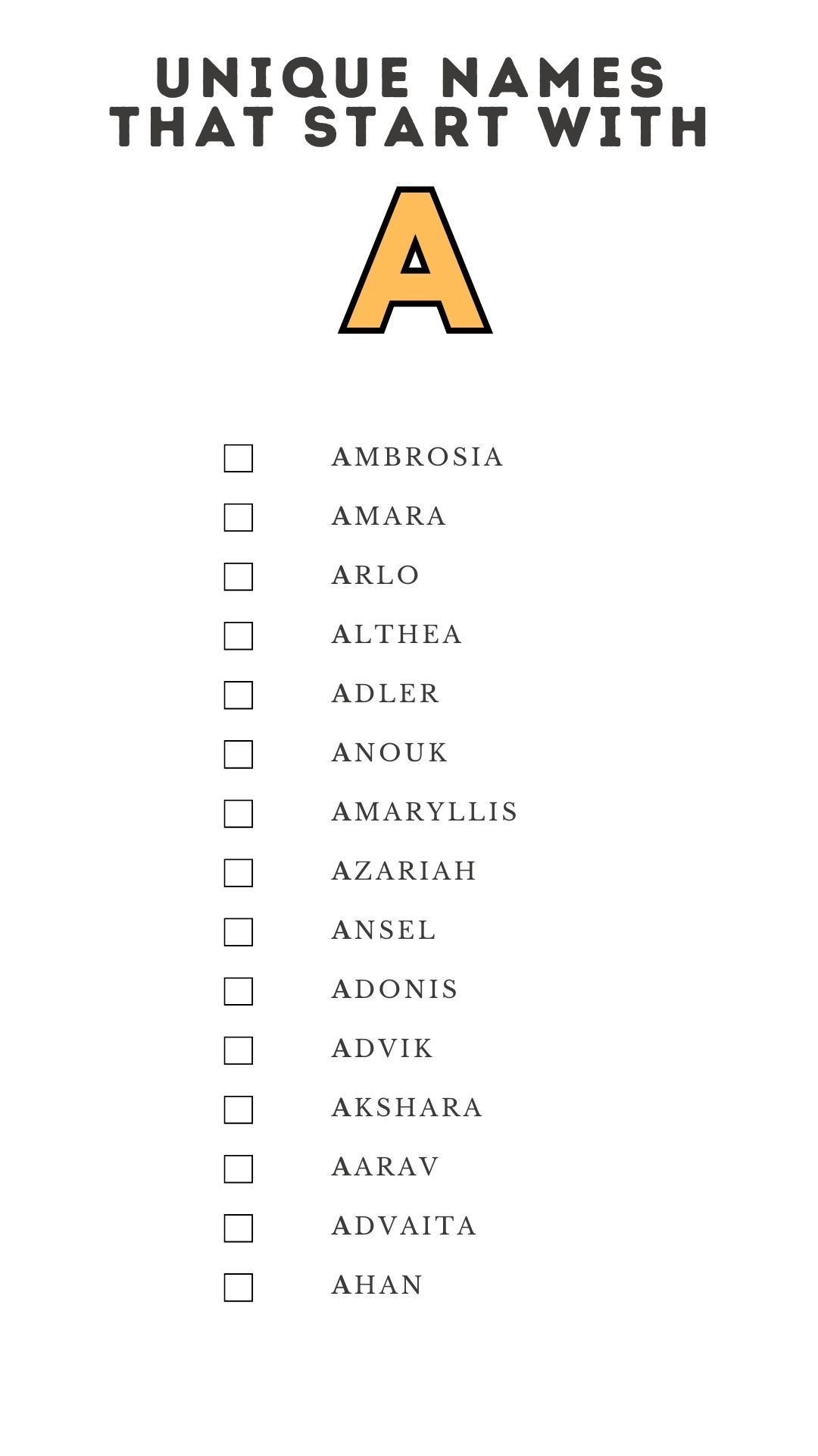 Printable List of Names starting with “A” - Printables Hub