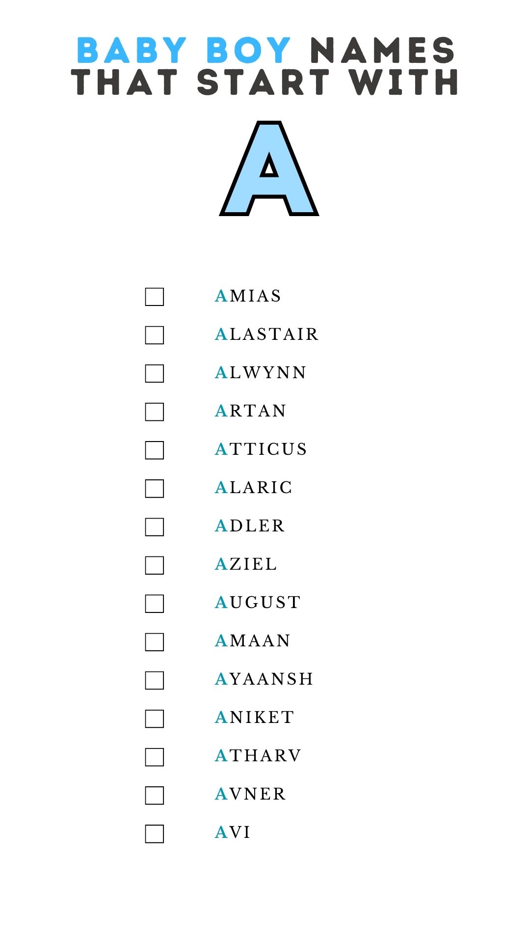 Printable List of Names starting with “A” - Printables Hub