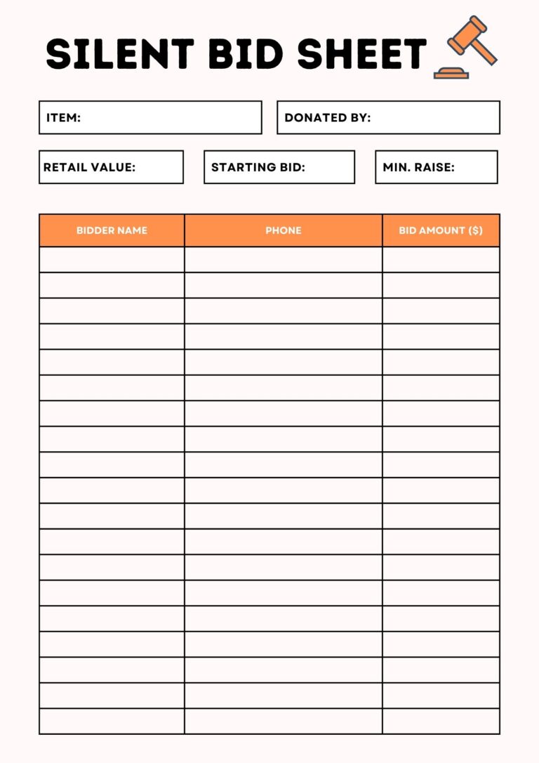 Free Printable Blank Silent Auction Bid Templates [PDF Included ...