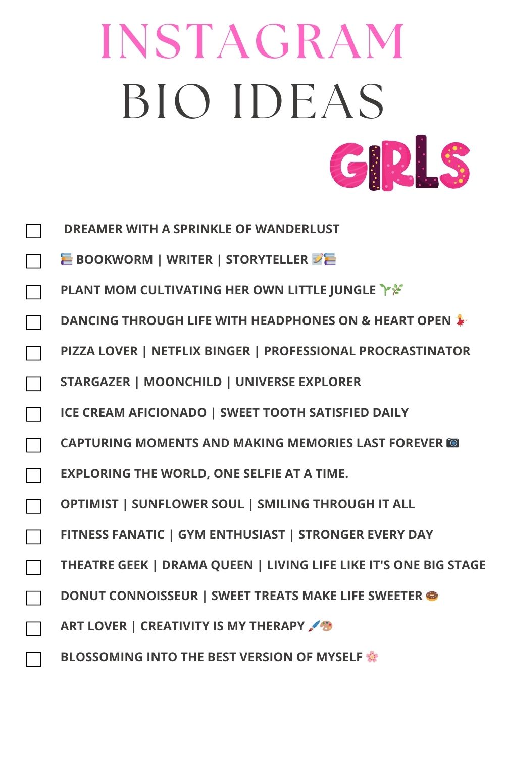 Printable List Of Instagram Bio Ideas - Printables Hub
