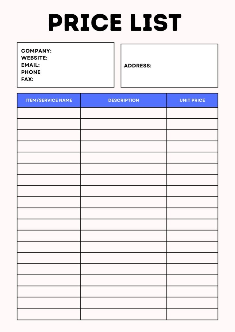 Printable Price List Sheet Templates [PDF Included] - Printables Hub