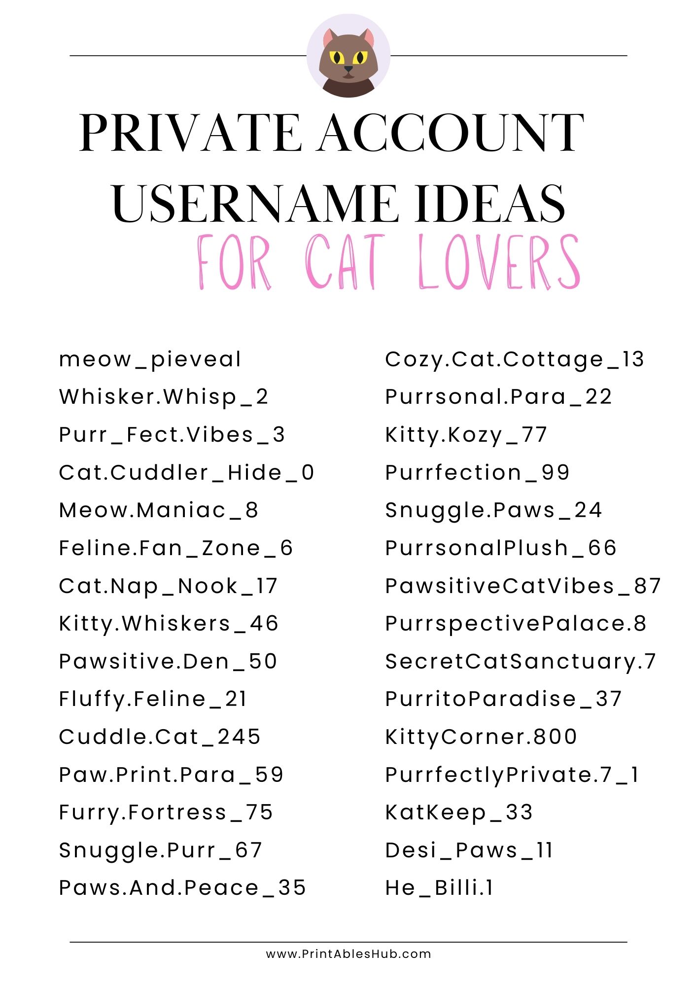Printable Private Account Username Ideas List - Printables Hub