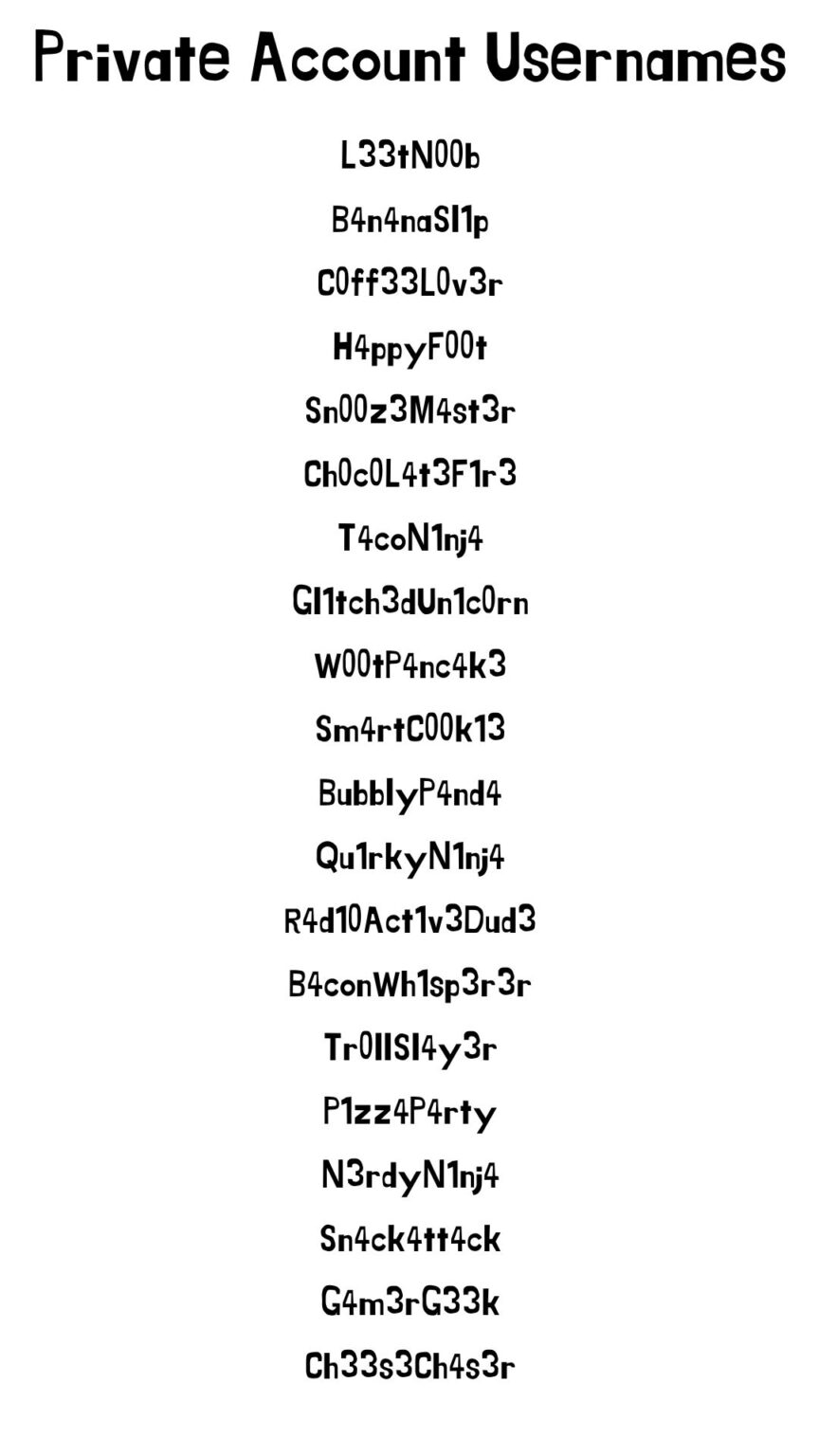 Printable Private Account Username Ideas List - Printables Hub