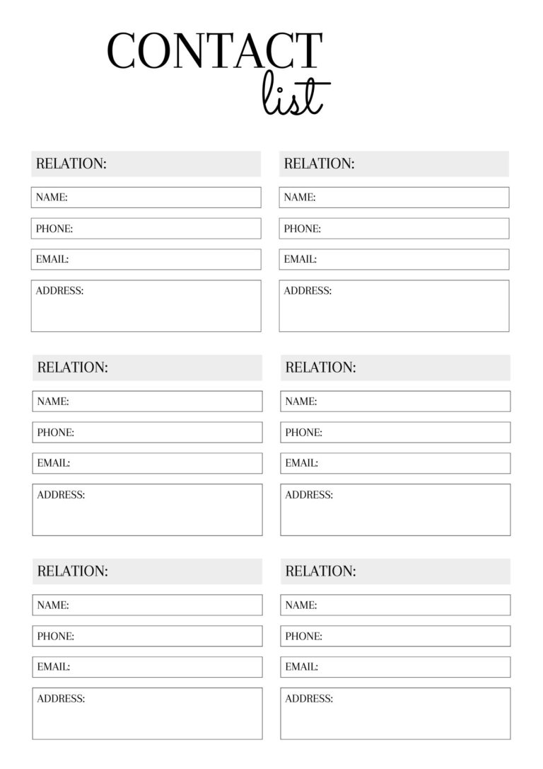 Free Printable Contact List Templates [PDF Included] - Printables Hub
