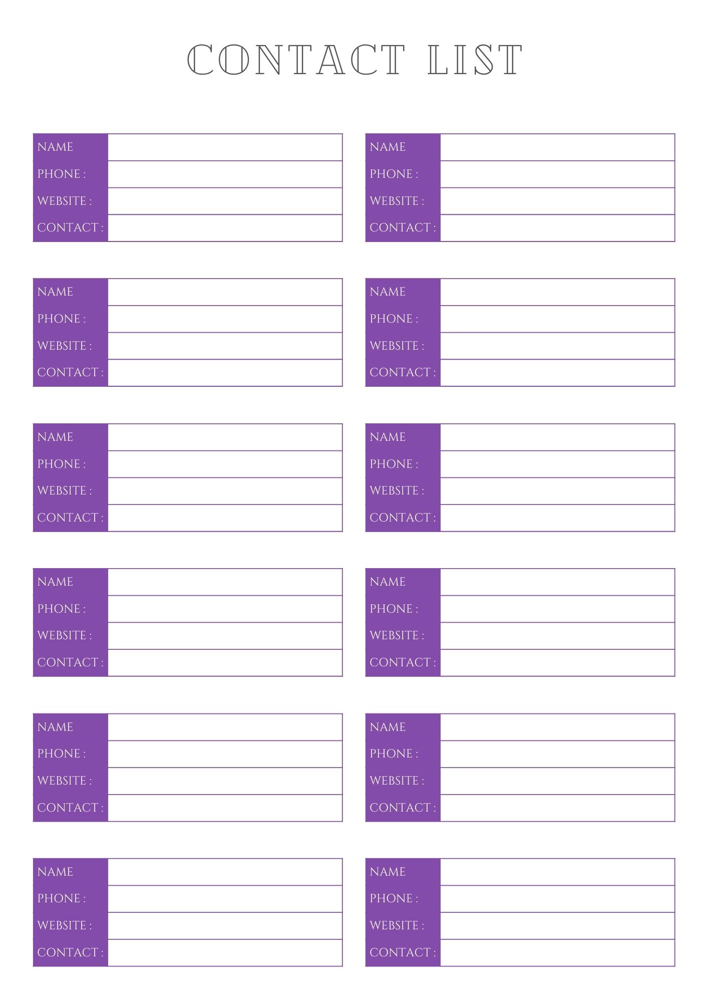 Free Printable Contact List Templates [PDF Included] - Printables Hub