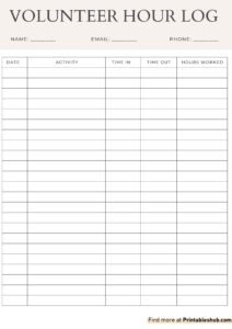Printable Blank Volunteer Hours Log Sheet - Printables Hub