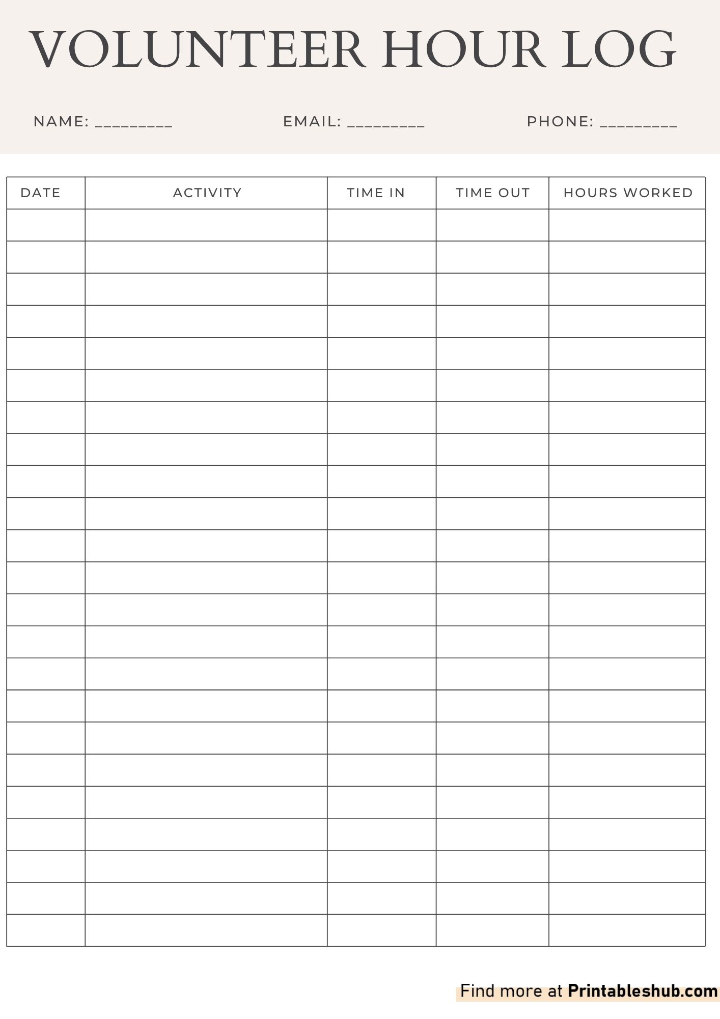 Printable Blank Volunteer Hours Log Sheet - Printables Hub